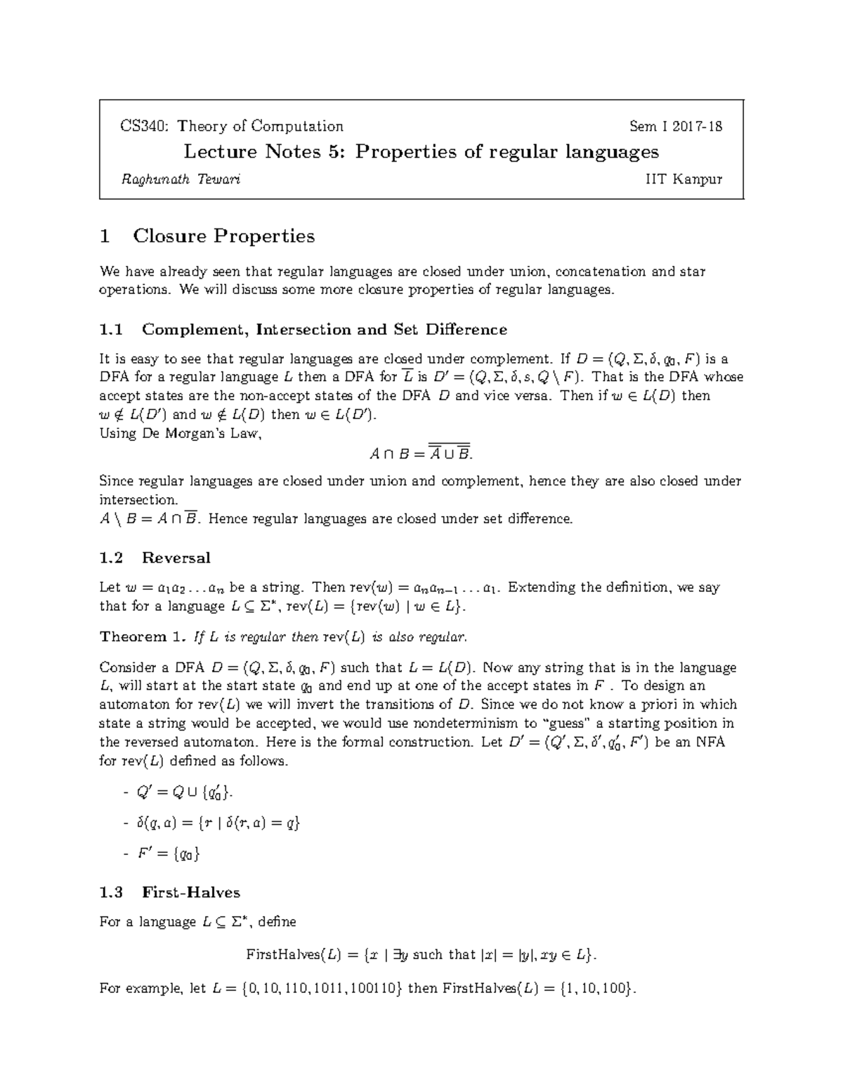 Theory Of Computation Properties Of Regular Languages Cs340 Theory Of Computation Sem I 2017