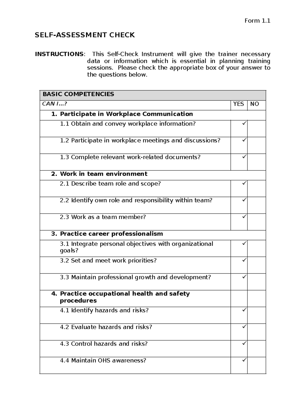 2 Training Needs Analysis Forms - SELF-ASSESSMENT CHECK INSTRUCTIONS ...