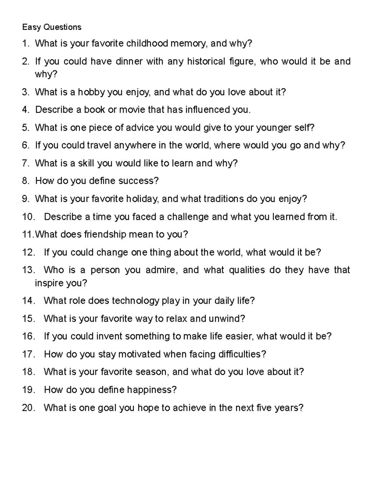 Easy Average Difficult Questions - Easy Questions What is your favorite ...