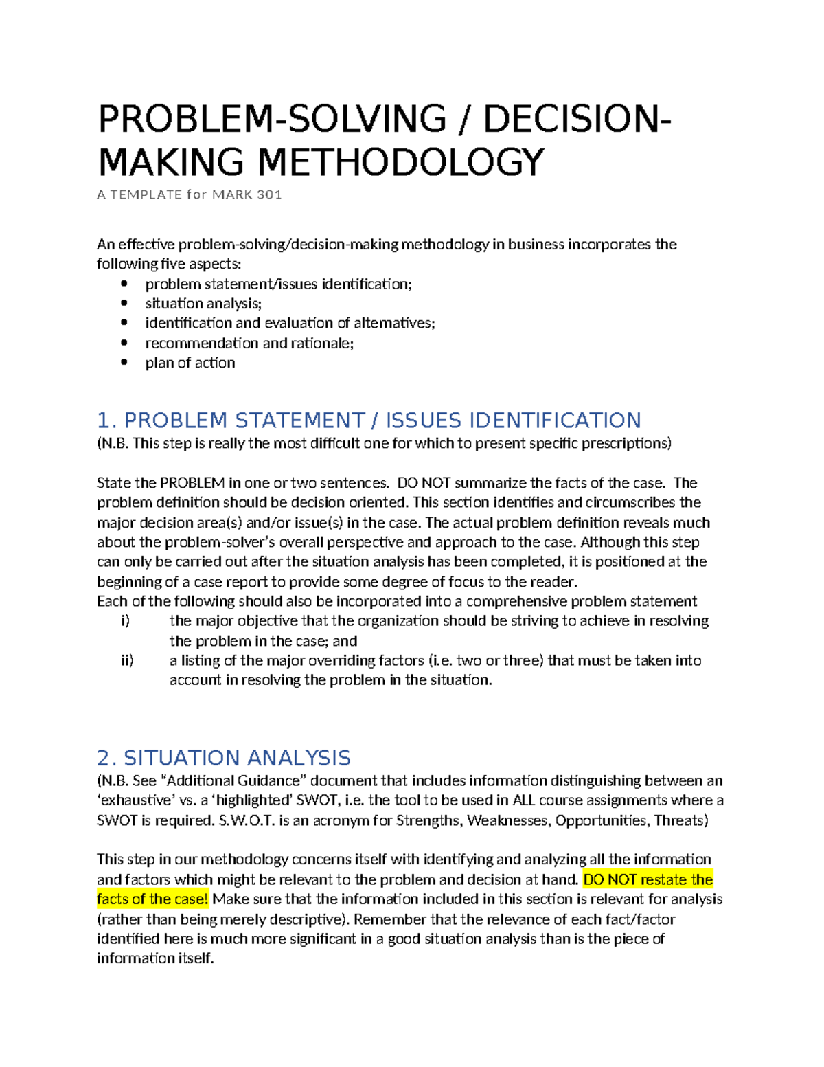 301 Methodology - PROBLEM-SOLVING / DECISION- MAKING METHODOLOGY A ...