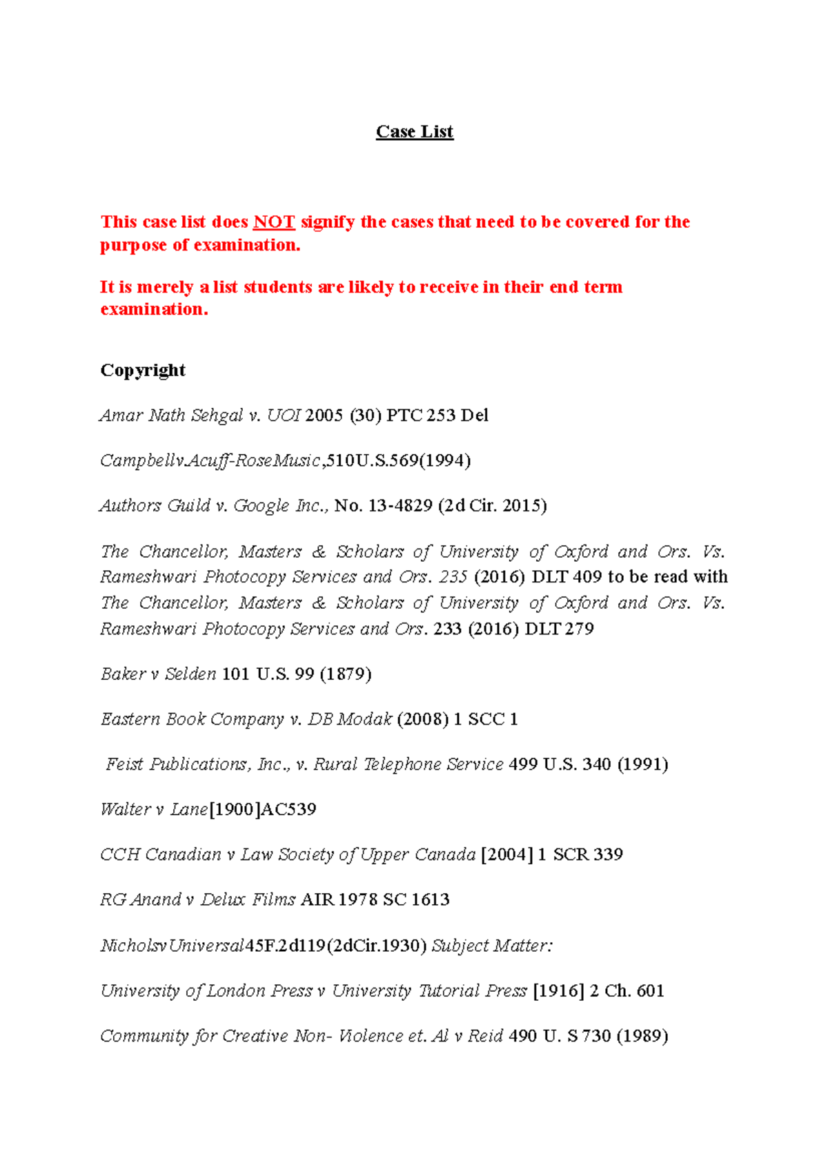 Case List - Case List This case list does NOT signify the cases that ...