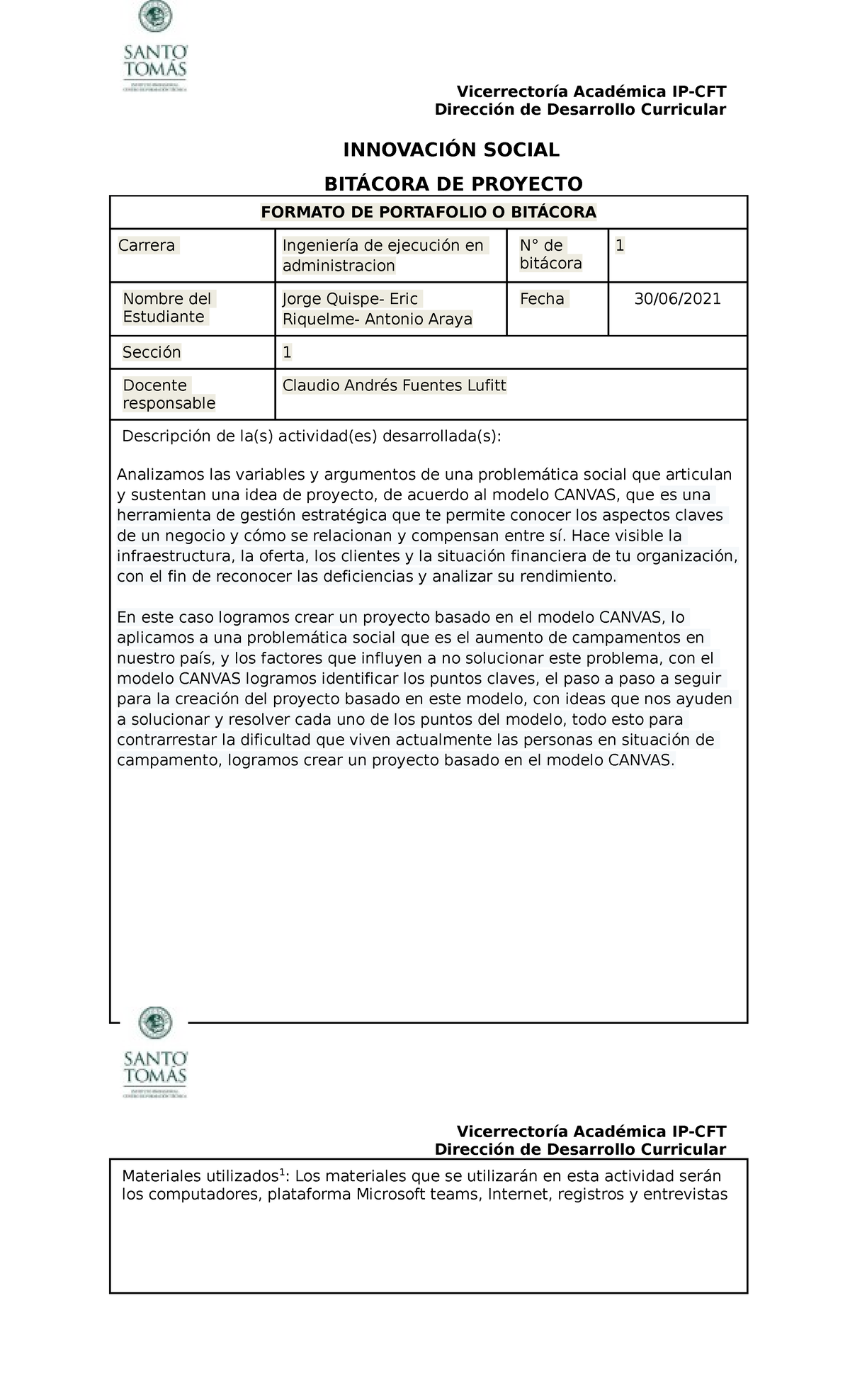 Bitacora Modelo Canvas Vicerrectoría Académica Ip Cft Dirección De