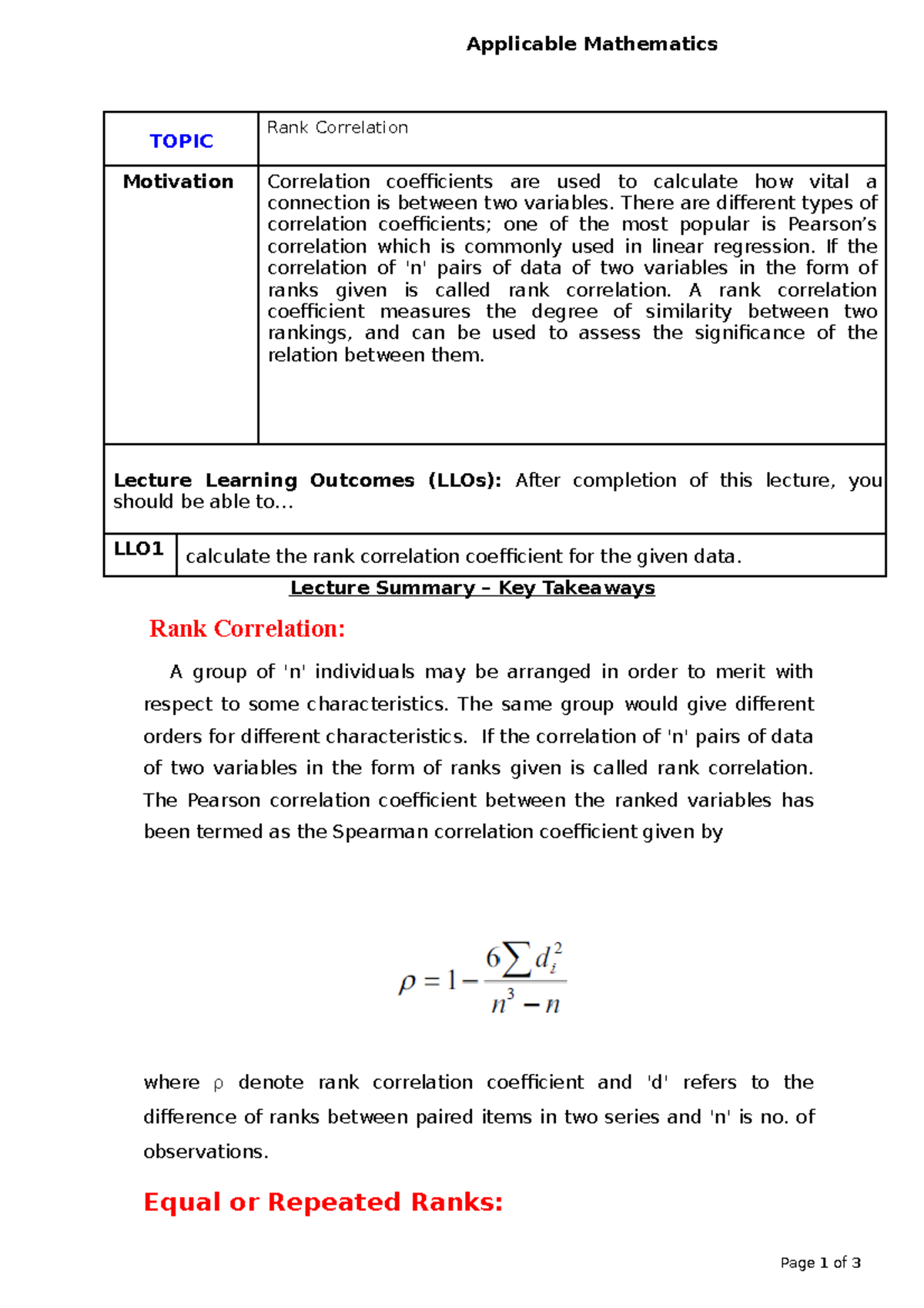 Rank Correlation in Applicable mathematics - Applicable Mathematics TOPIC Rank Correlation - Studocu