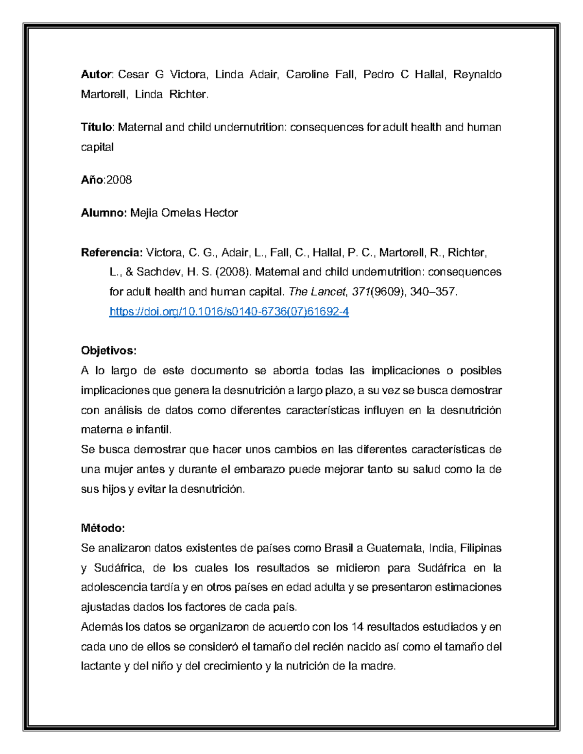 Ficha 8 - Autor : Cesar G Victora, Linda Adair, Caroline Fall, Pedro C ...