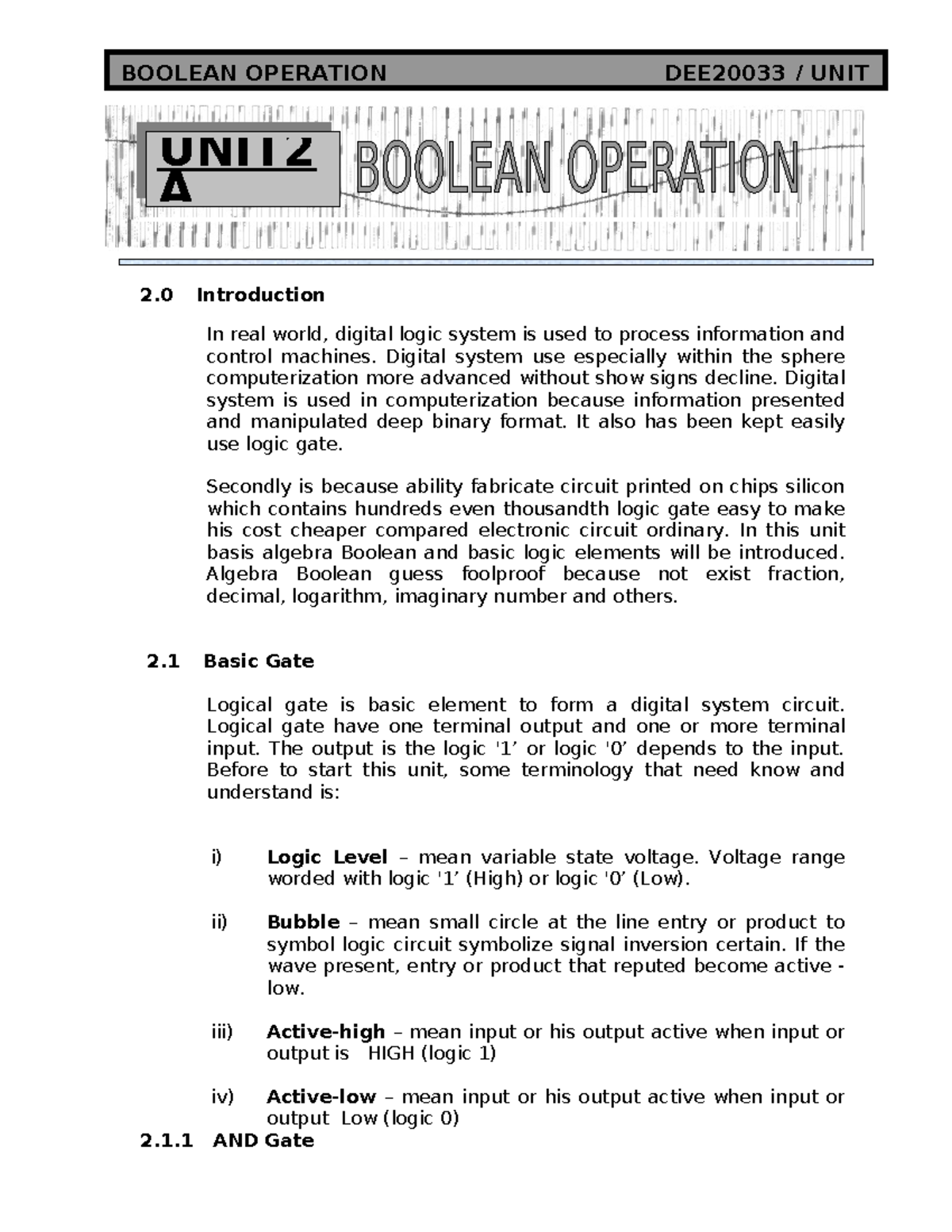 Chapter 2A - Boolean Operation - 2 Introduction In real world, digital ...