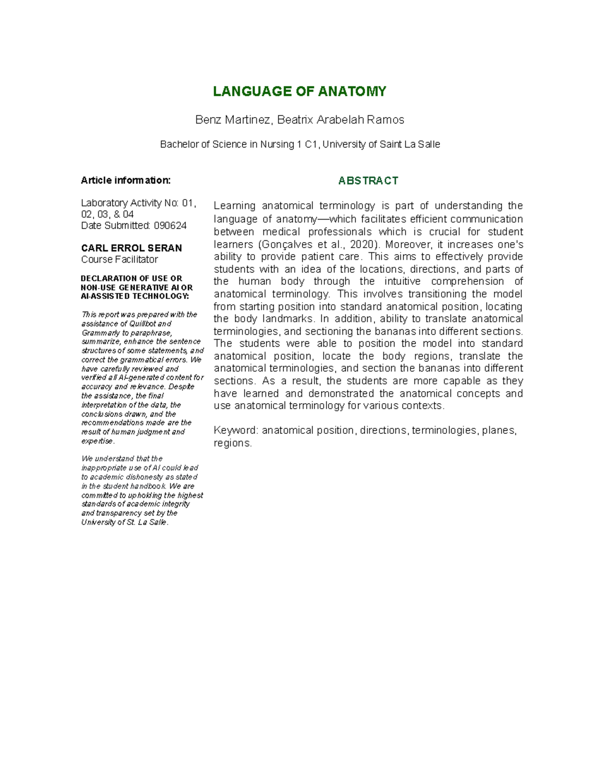 AP-Lab-Report-Format-2024 2 - LANGUAGE OF ANATOMY Benz Martinez ...