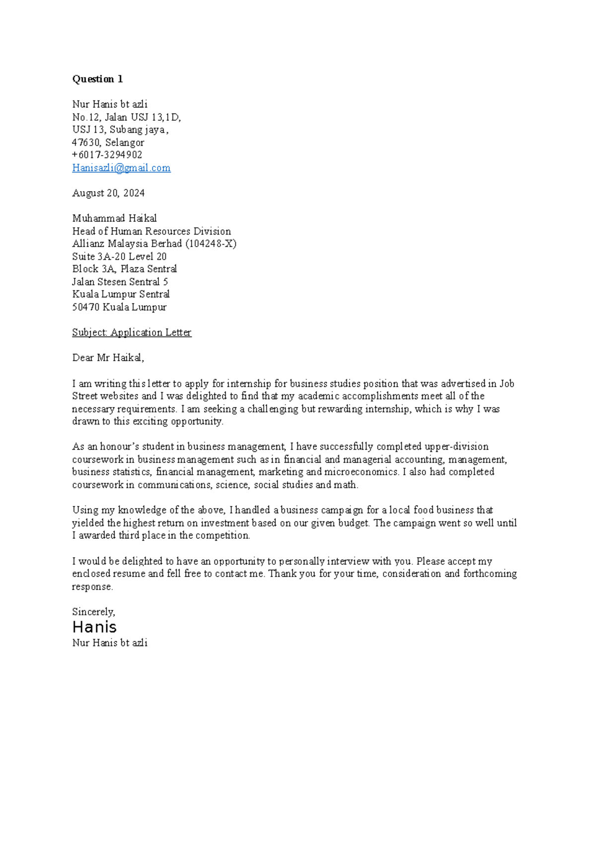 Business letter - Nur Hanis bt azli No, Jalan USJ 13,1D, USJ 13, Subang ...