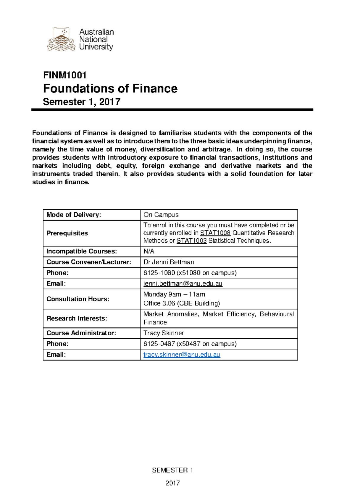 FINM1001 Course Outline - FINM1001 Foundations of Finance Semester 1 ...