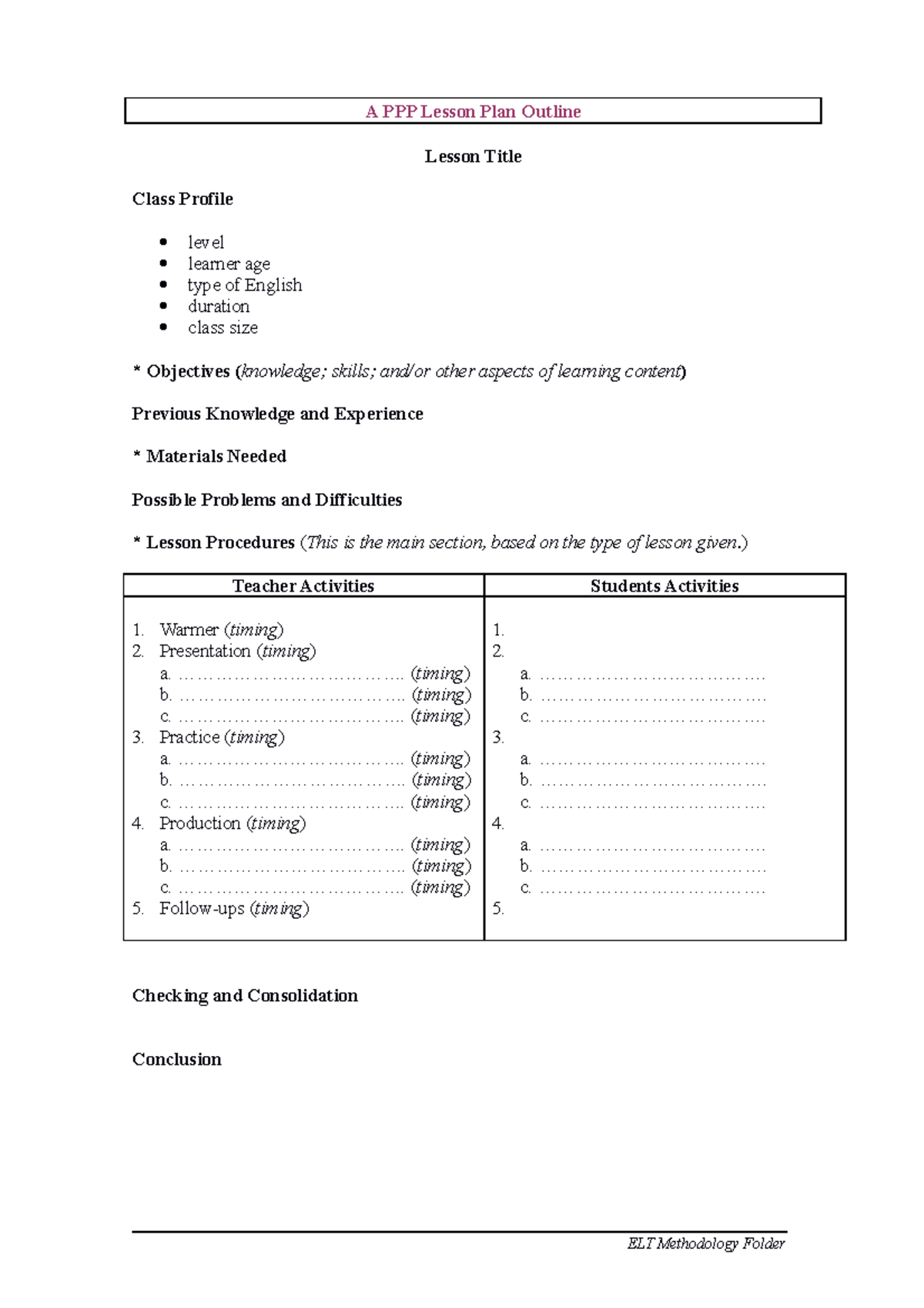 A PPP Lesson Plan Outline - A PPP Lesson Plan Outline Lesson Title ...
