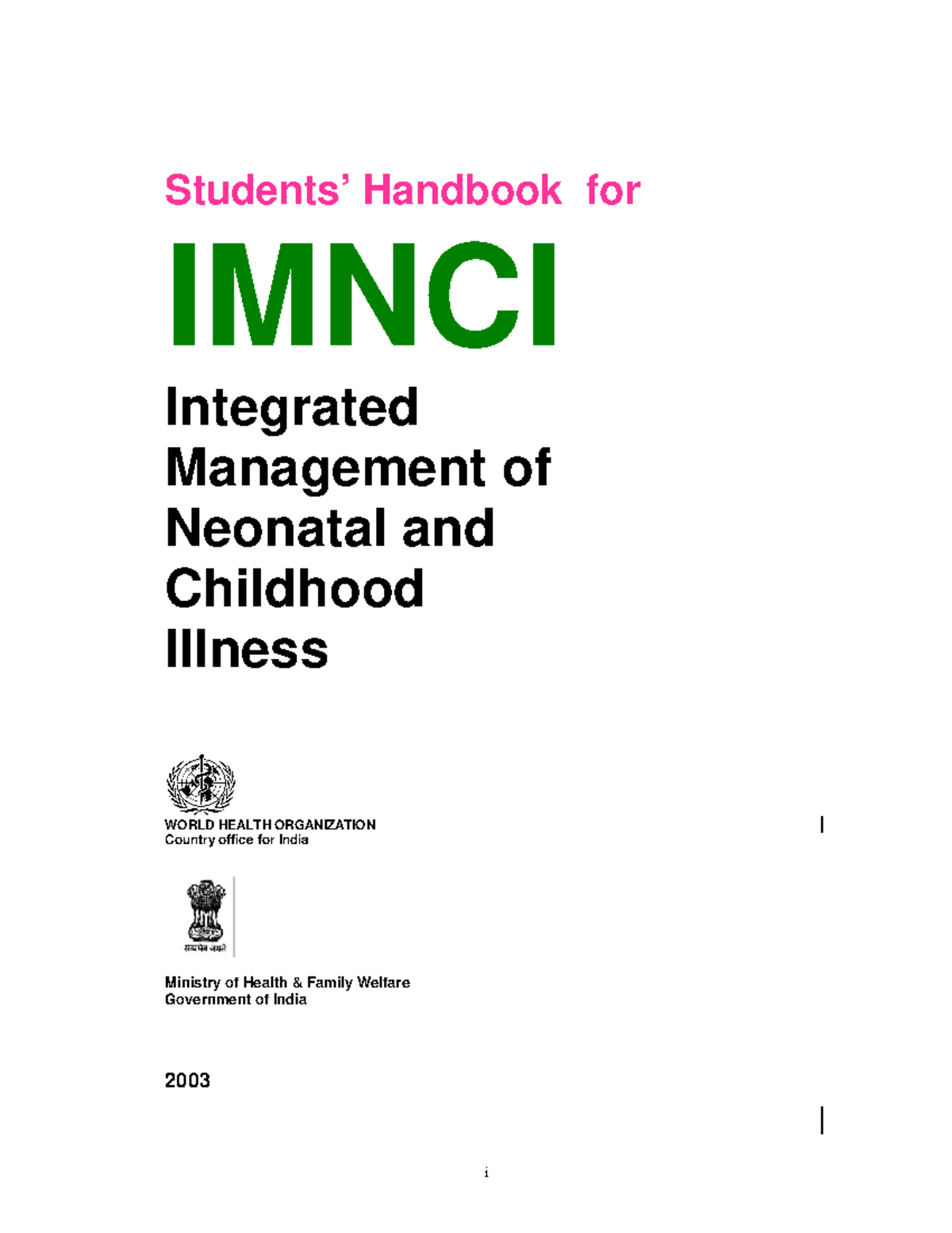Imnci Students' Handbook - i Students’ Handbook for IMNCI Integrated ...