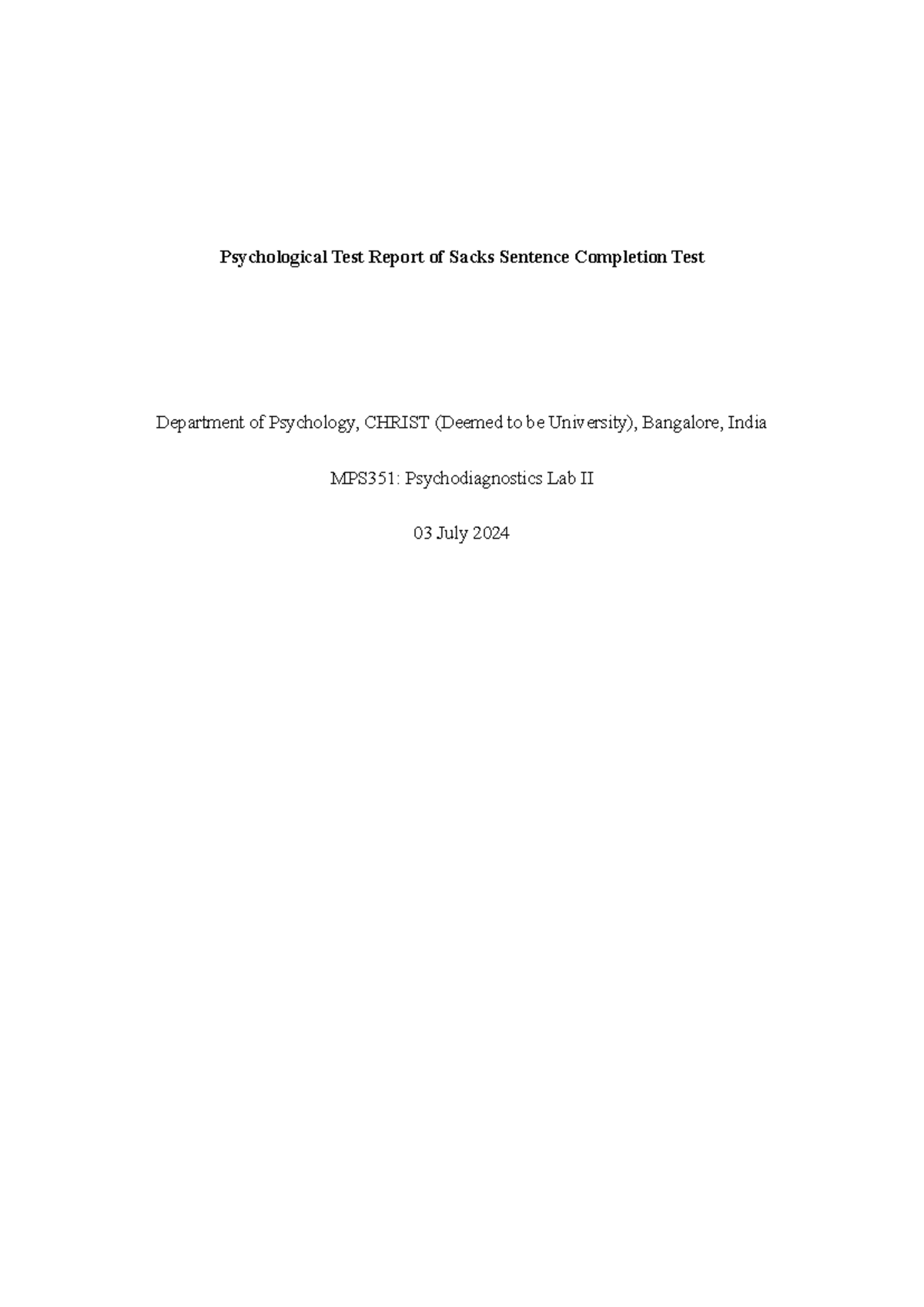 SACKS Sentence completion test - Psychological Test Report of Sacks ...