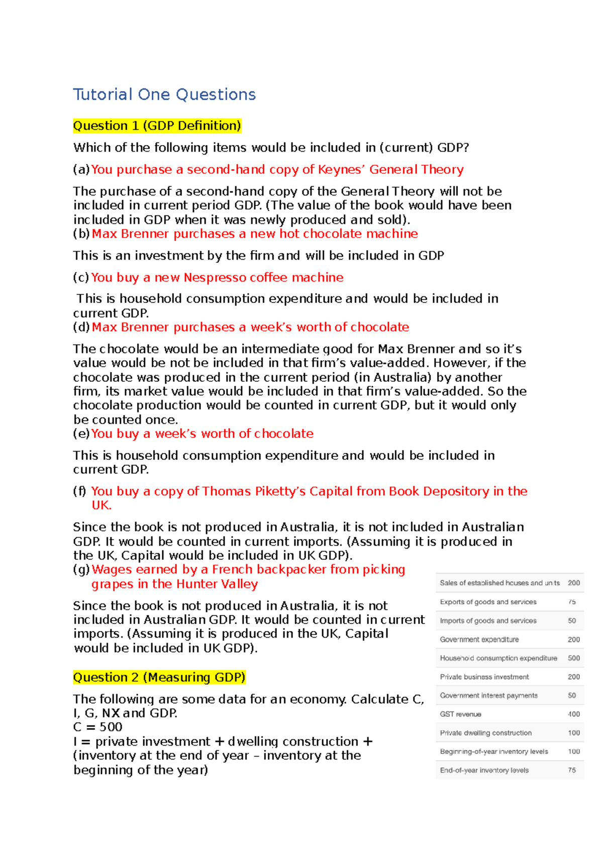 Tutorial Questions ALL - Tutorial One Questions Question 1 (GDP ...