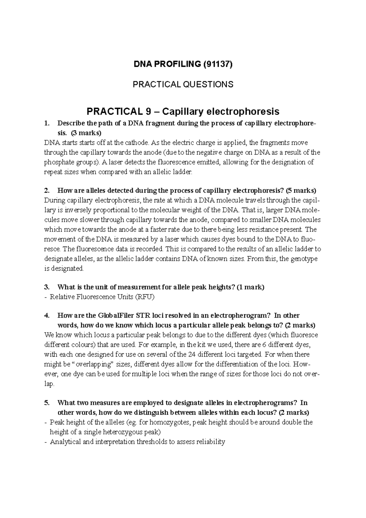 Prac 9 Questions - DNA PROFILING (91137) PRACTICAL QUESTIONS PRACTICAL ...