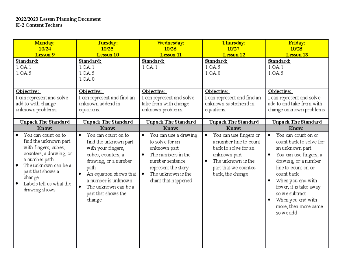1st LP Week of 10-24 - Math Lesson Plans - K-2 Content Techers Monday ...