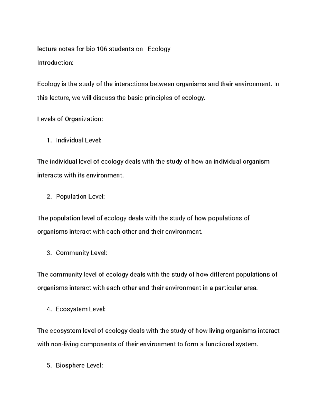 Lecture notes for bio 106 students on Ecology - lecture notes for bio ...