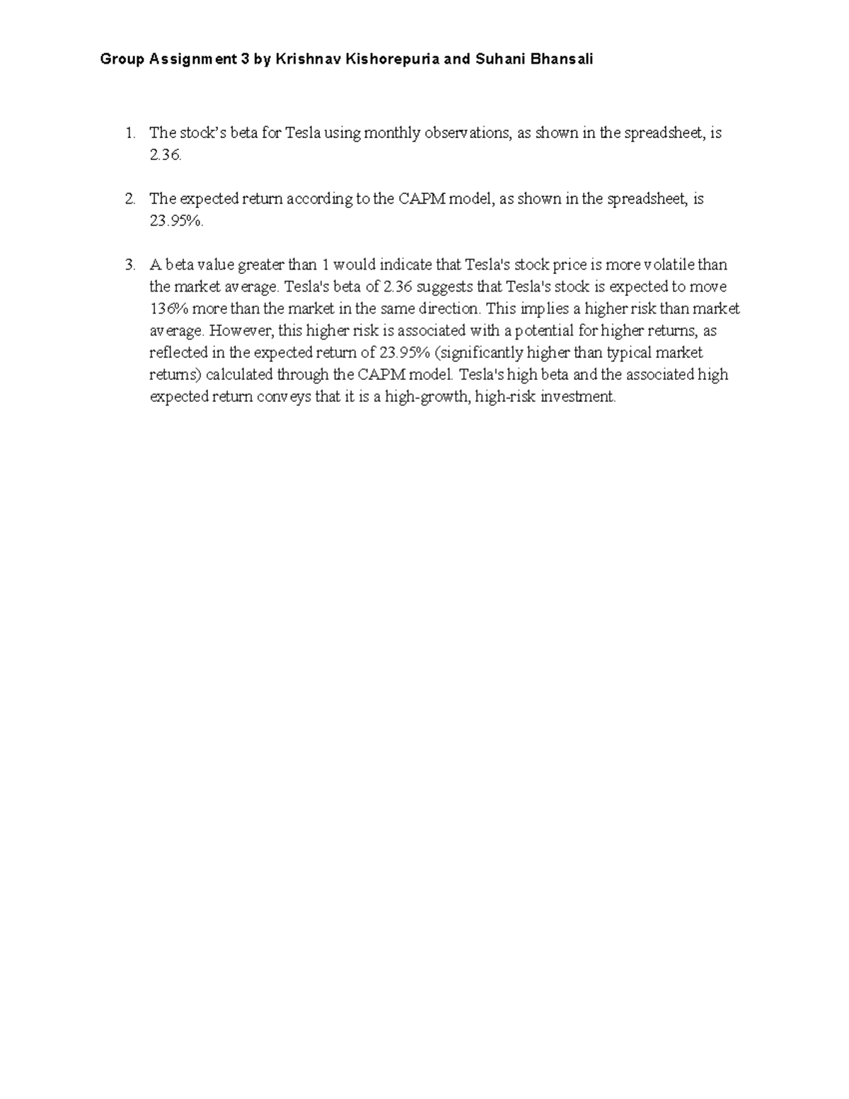 FINA 2201 Group Assignment 3 Report - Group Assignment 3 by Krishnav Kishorepuria and Suhani ...
