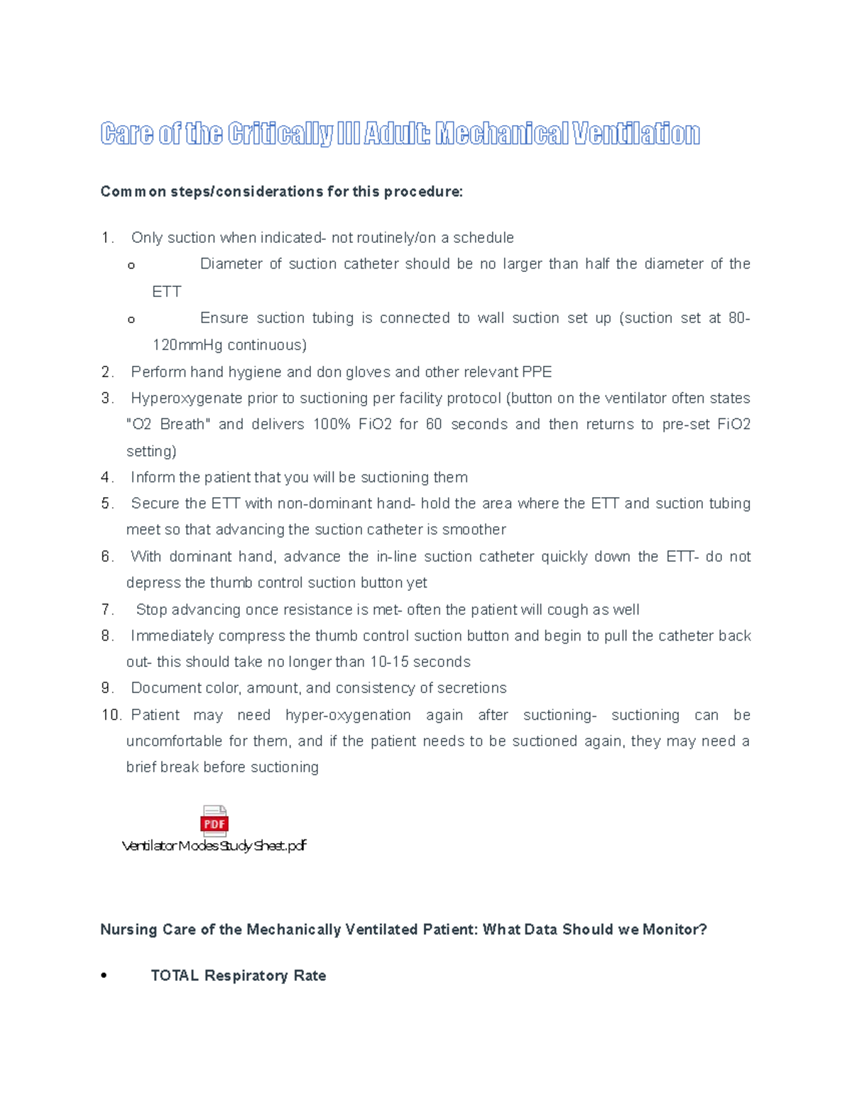 Care of the Critically Ill Adult Mechanical Ventilation - .. Decreased ...