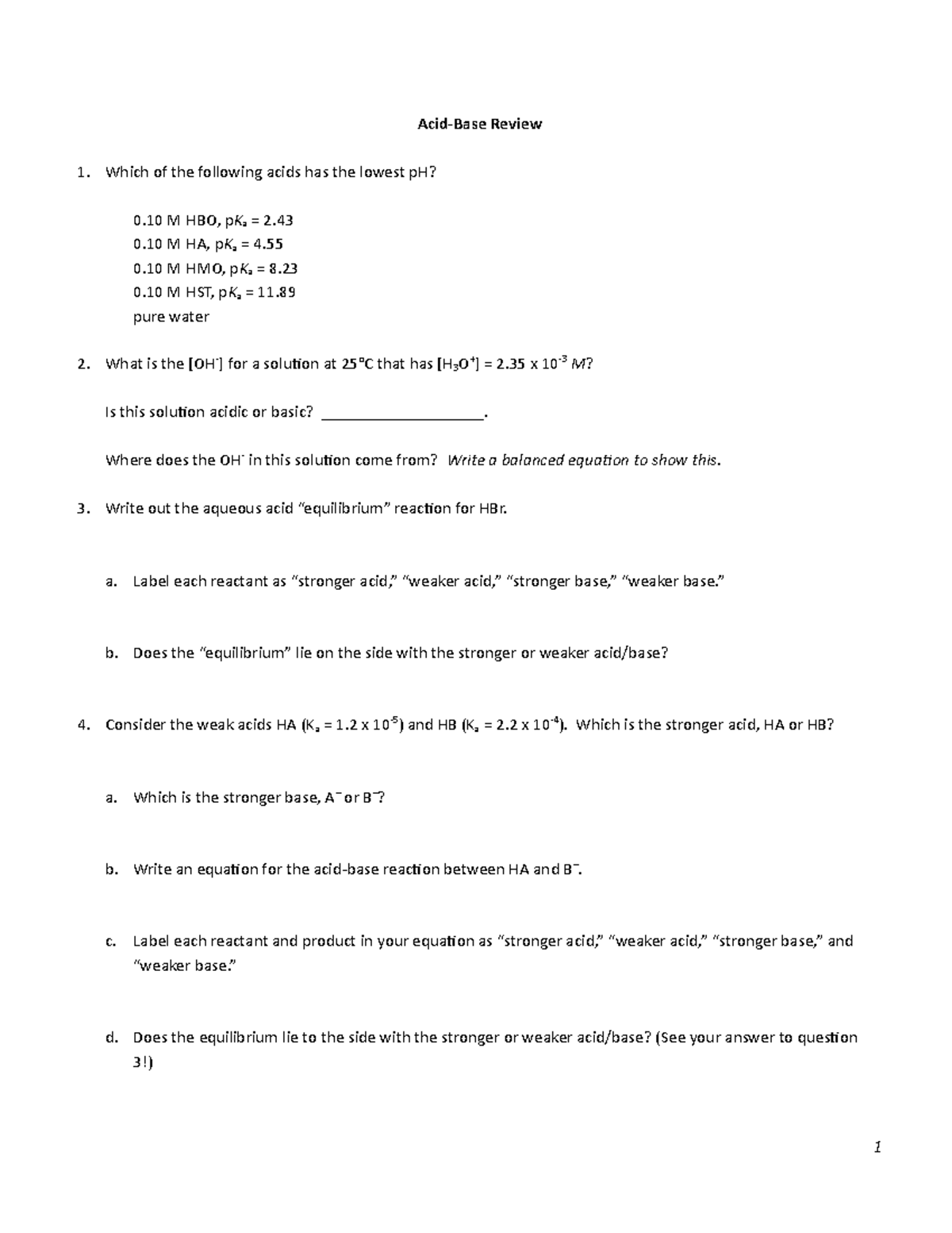 Acid-Base Review - exam 2 material - Acid-Base Review Which of the ...