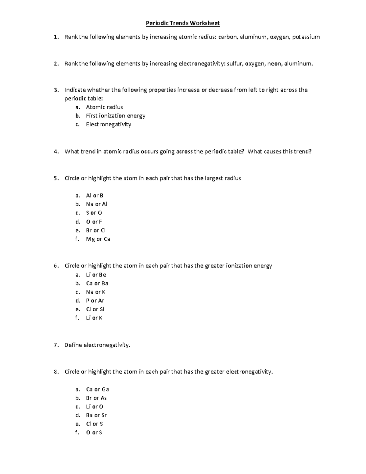 Periodic Trends WS Honors - Periodic Trends Worksheet Rank the ...