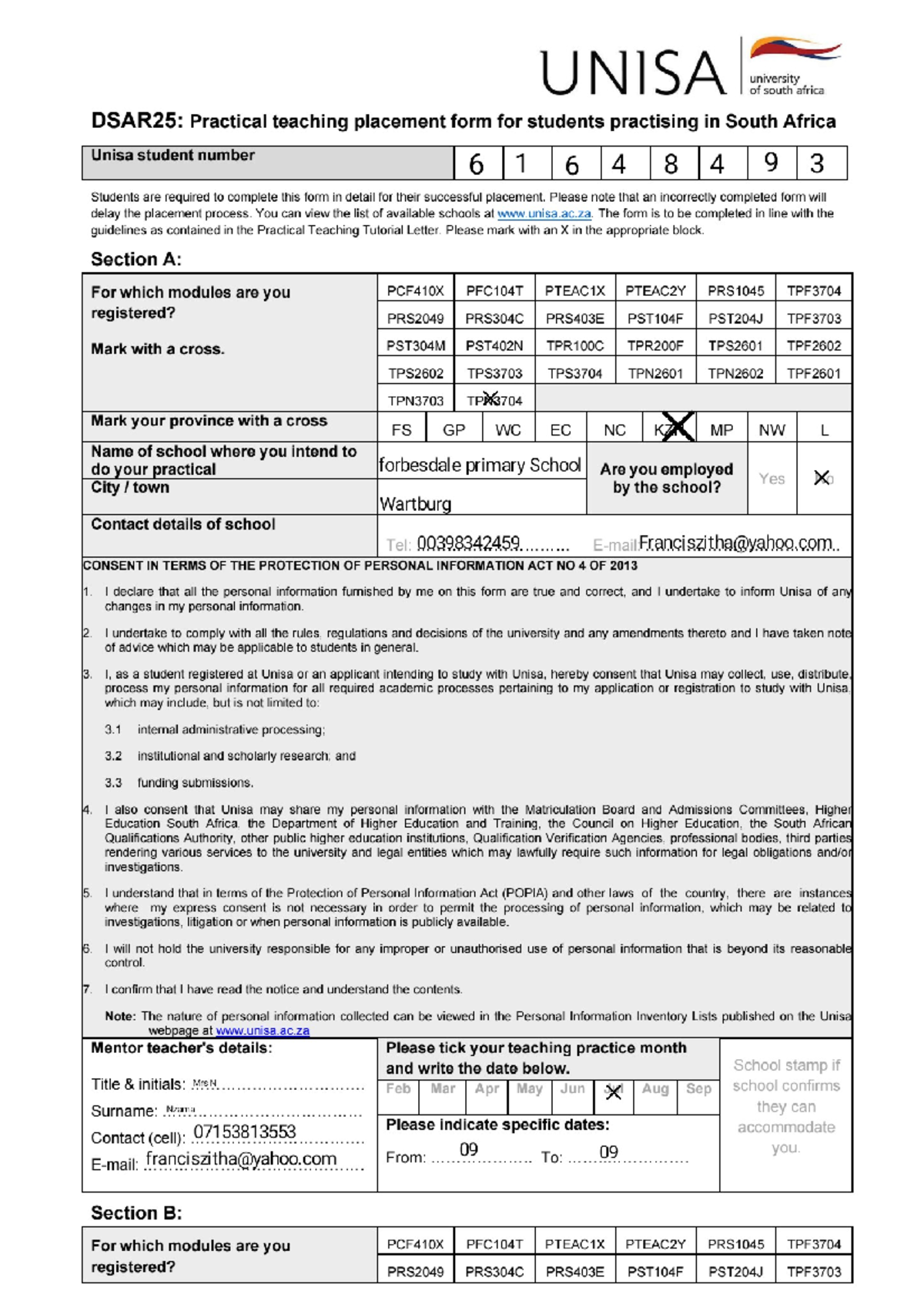 Unisa DSAR25 Practice teaching placement RSA students edit 05 07 ...