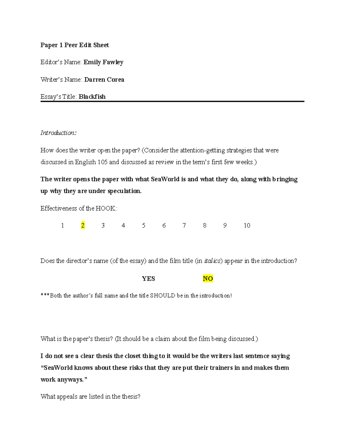 English 105 Paper 1 Peer Edit Sheet-1 - Paper 1 Peer Edit Sheet Editor ...