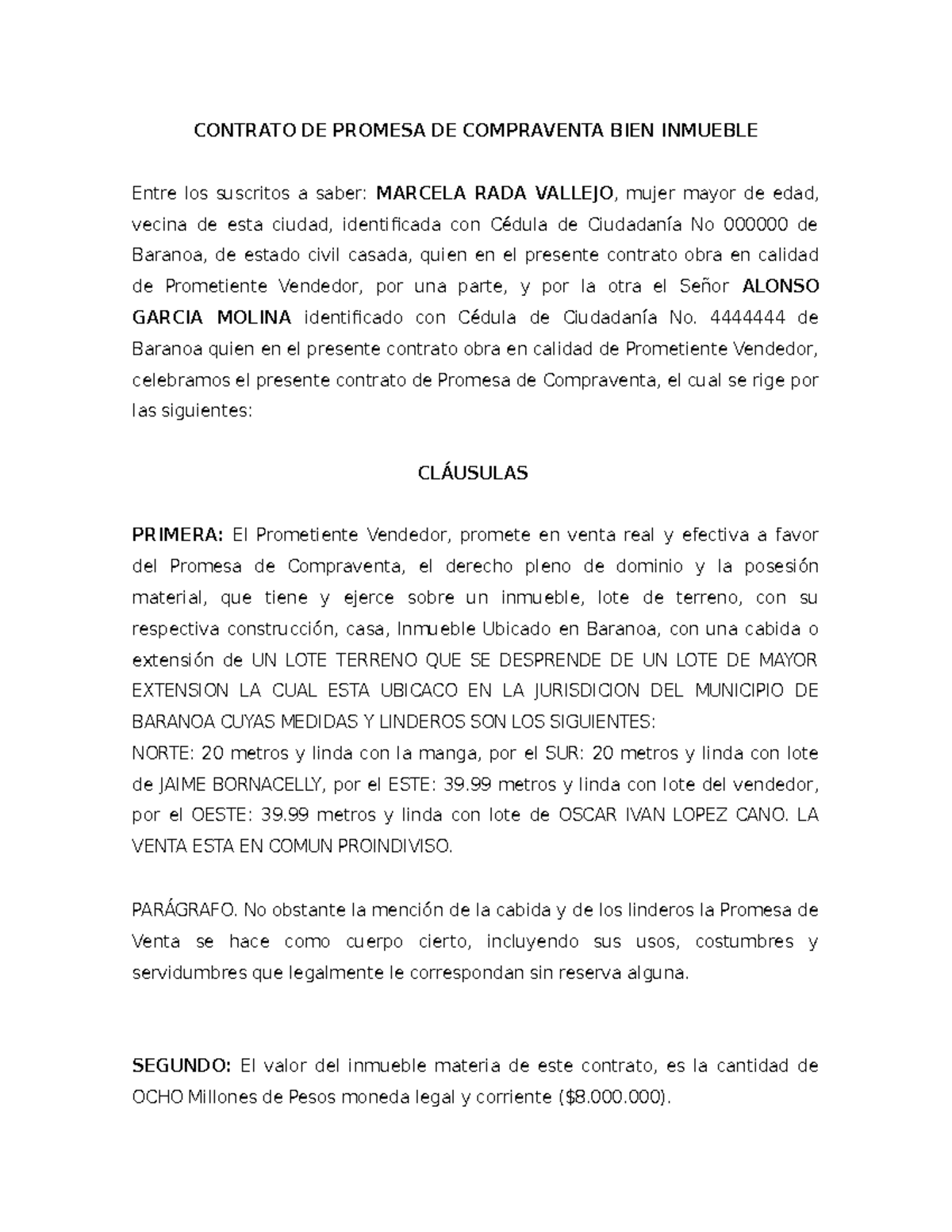 Modelo De Promesa De Compraventa Contrato De Promesa De Compraventa