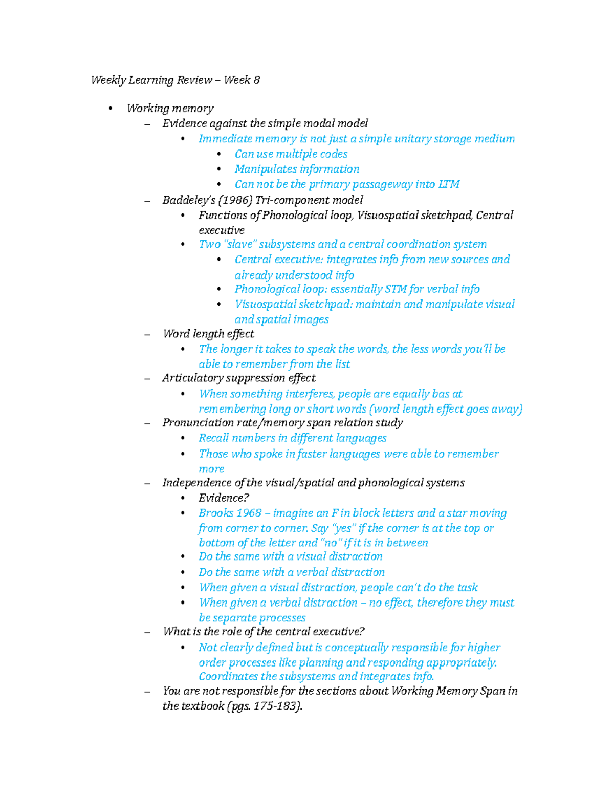 week 1 review/summary - Weekly Learning Review Week 8 Working memory ...