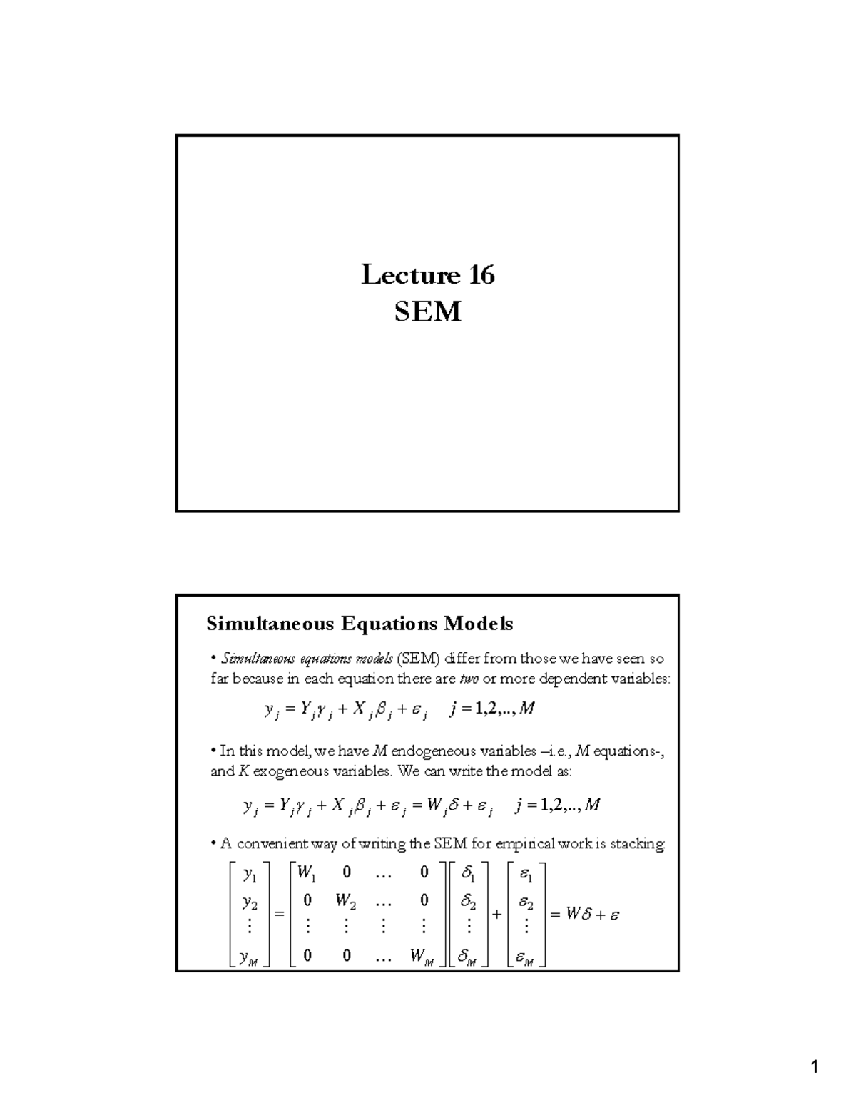 Ec1-16 - it is helpful - Lecture 16 SEM Simultaneous equations models ...