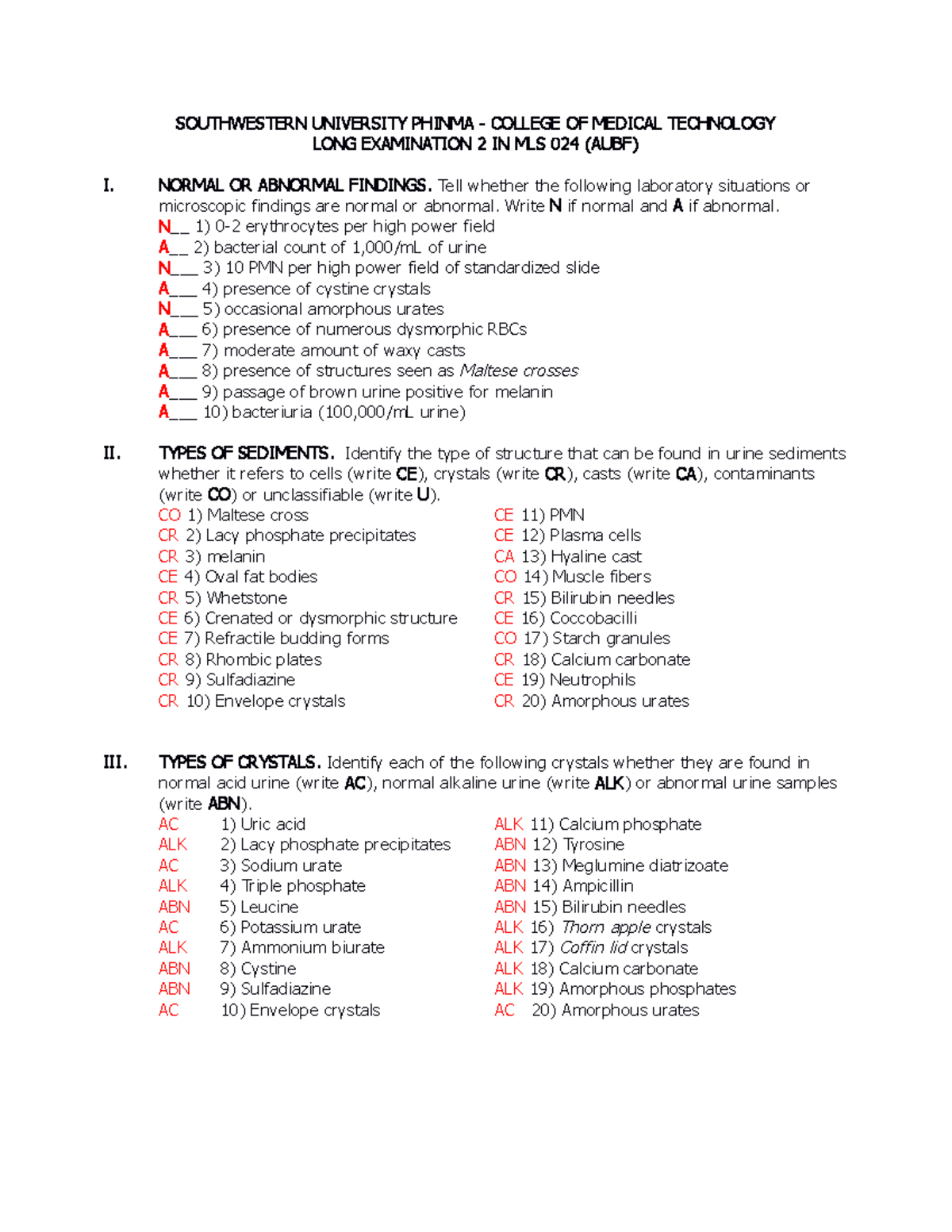 AUBF LAB FT3 with Answers - SOUTHWESTERN UNIVERSITY PHINMA - COLLEGE OF ...