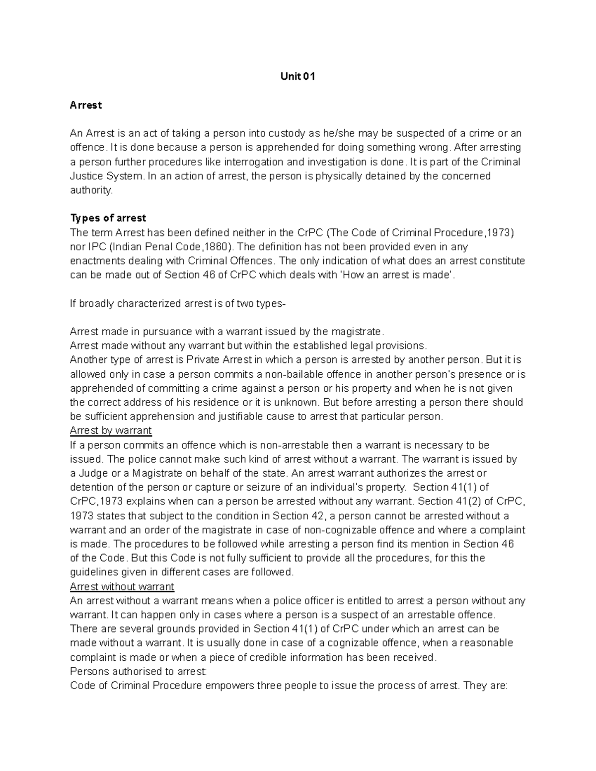 Unit 01 crpc - no wa - Unit 01 Arrest An Arrest is an act of taking a person into custody as he ...