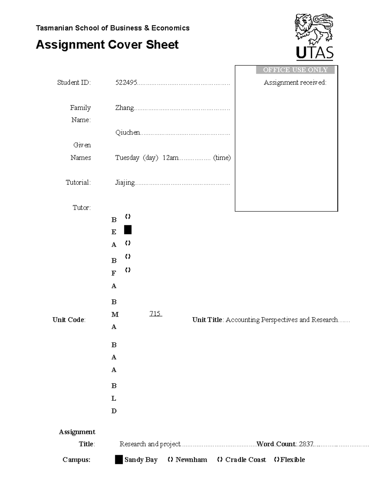 BFA 715 522495 Qiuchen Zhang assignment 2 - Student ID: Family Name: Given Names Tutorial: Tutor ...