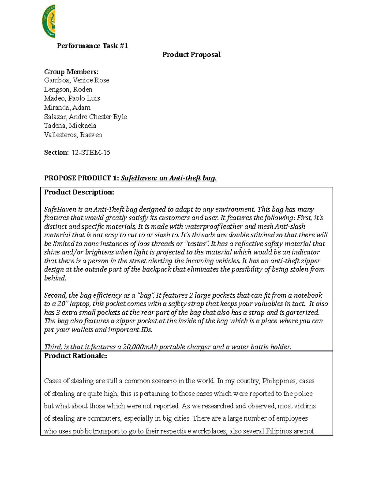 PETA 1 Product Proposal-1 - Performance Task # Product Proposal Group ...