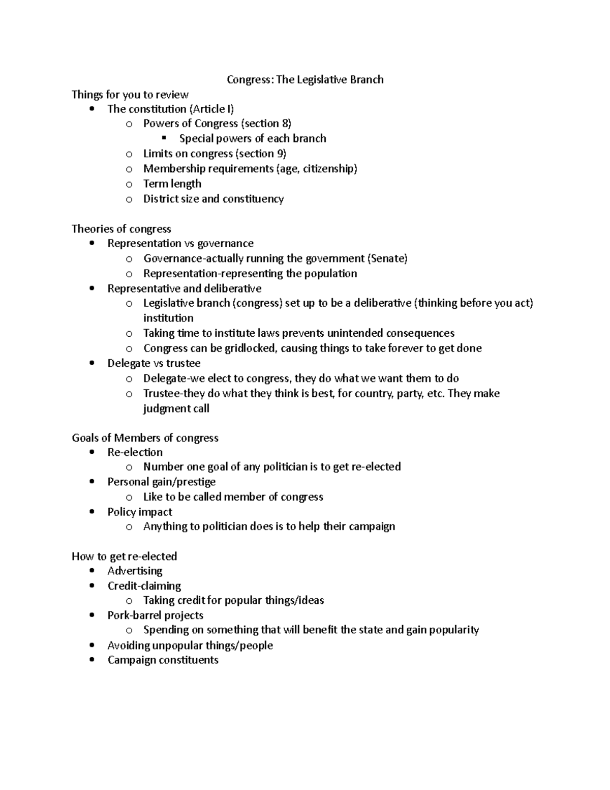 The Legislative Branch Government Notes - Congress: The Legislative ...