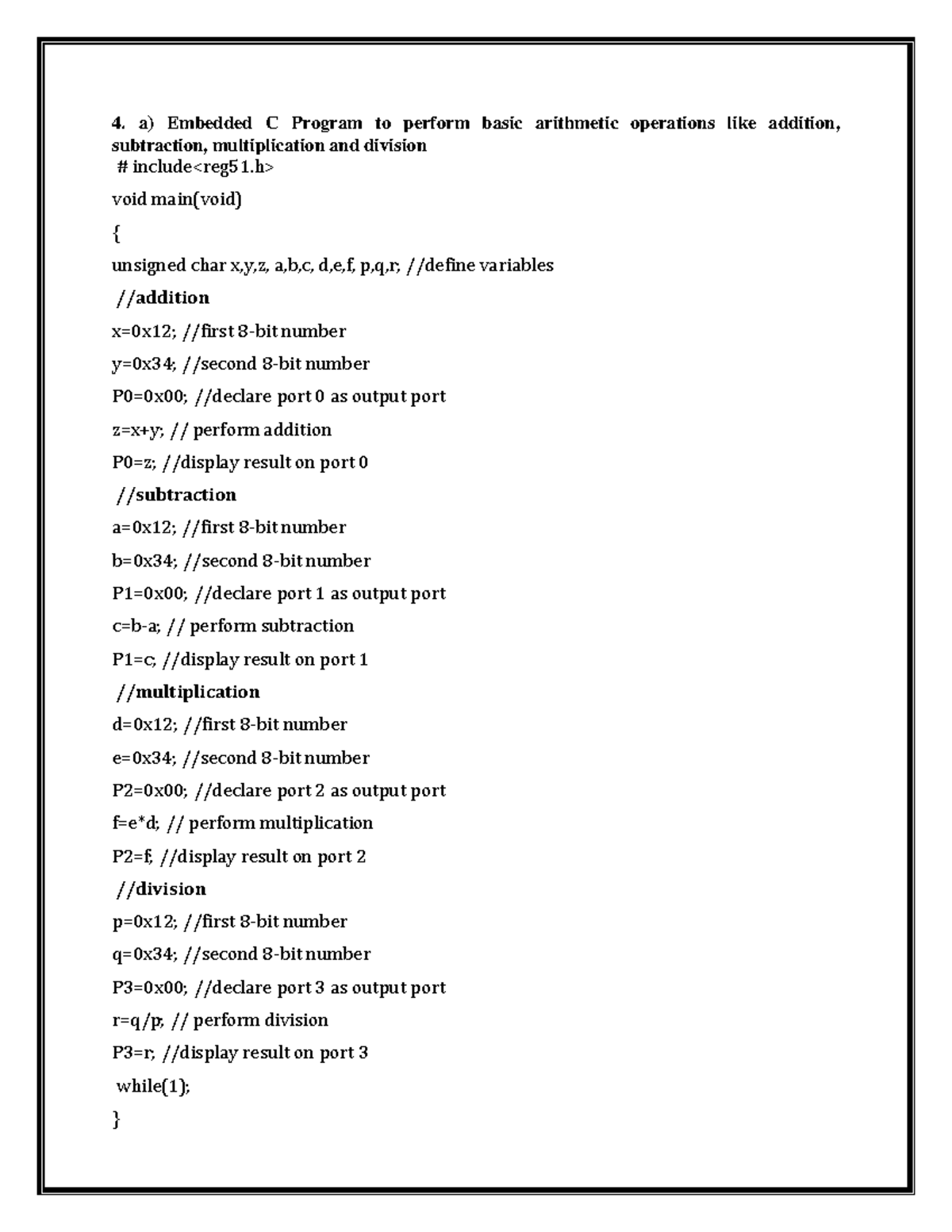 Embedded C Program To Perform Basic Arithmetic Operations Like Addition