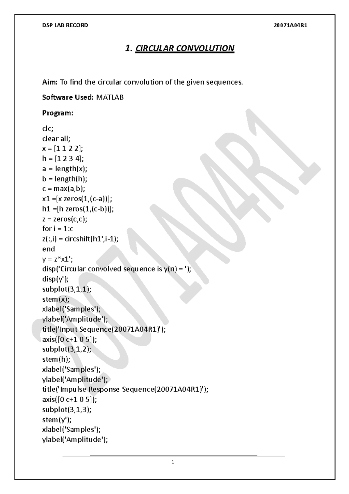 DSP-R1 - 1. CIRCULAR CONVOLUTION Aim: To find the circular convolution ...