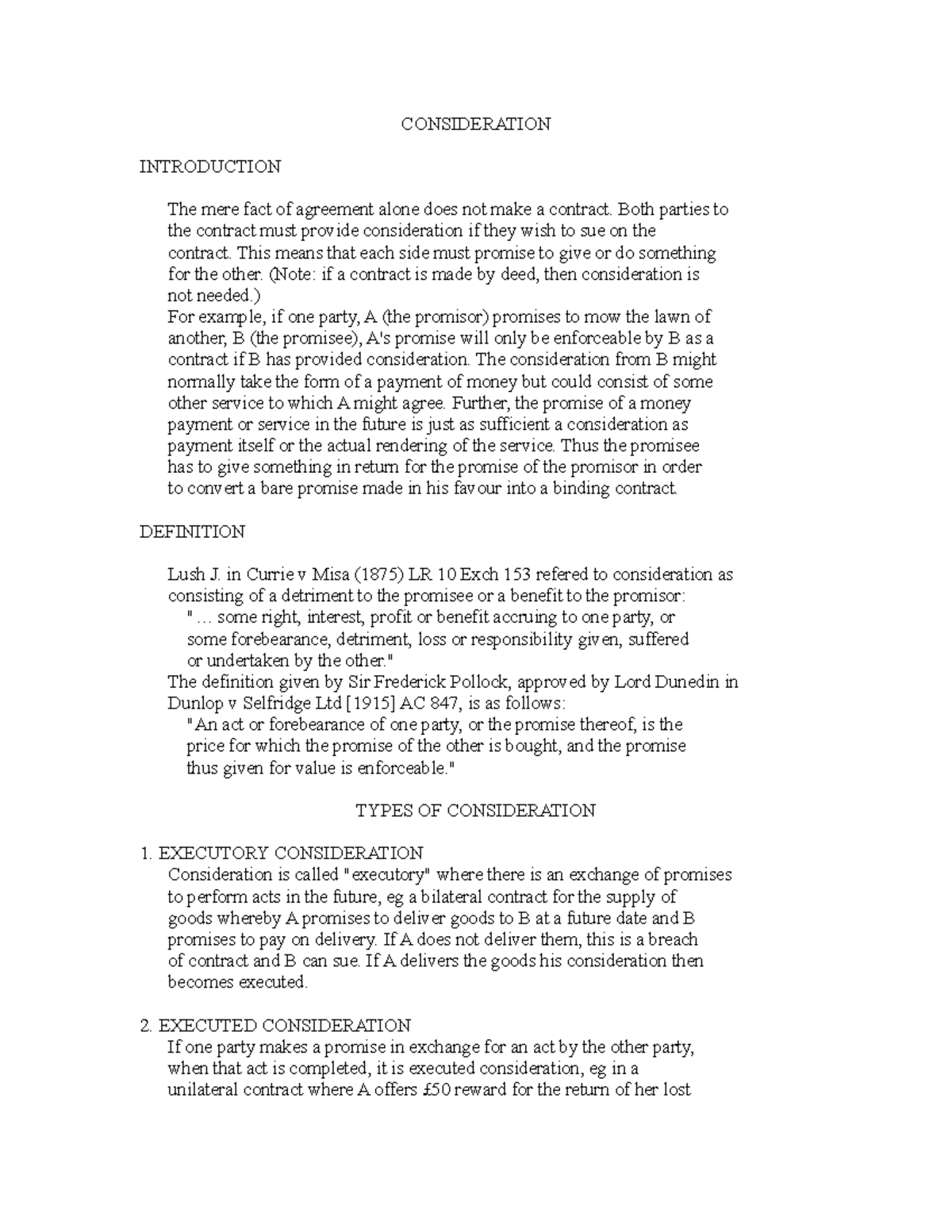 Consideration notes for contract 2 - CONSIDERATION INTRODUCTION The ...