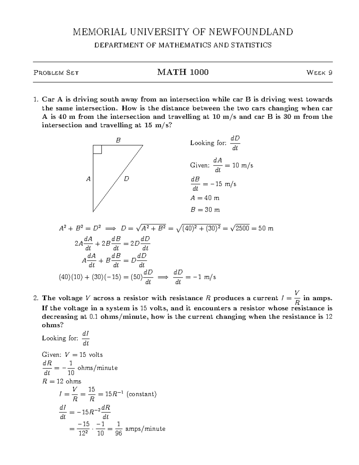 Problems Week 9 Solutions - MEMORIAL UNIVERSITY OF NEWFOUNDLAND ...