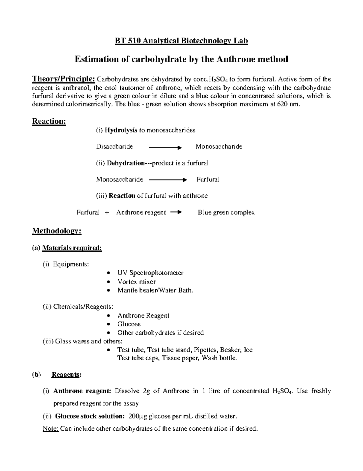 Carbohydrate estimation by Anthrone - BT 510 Analytical Biotechnology ...