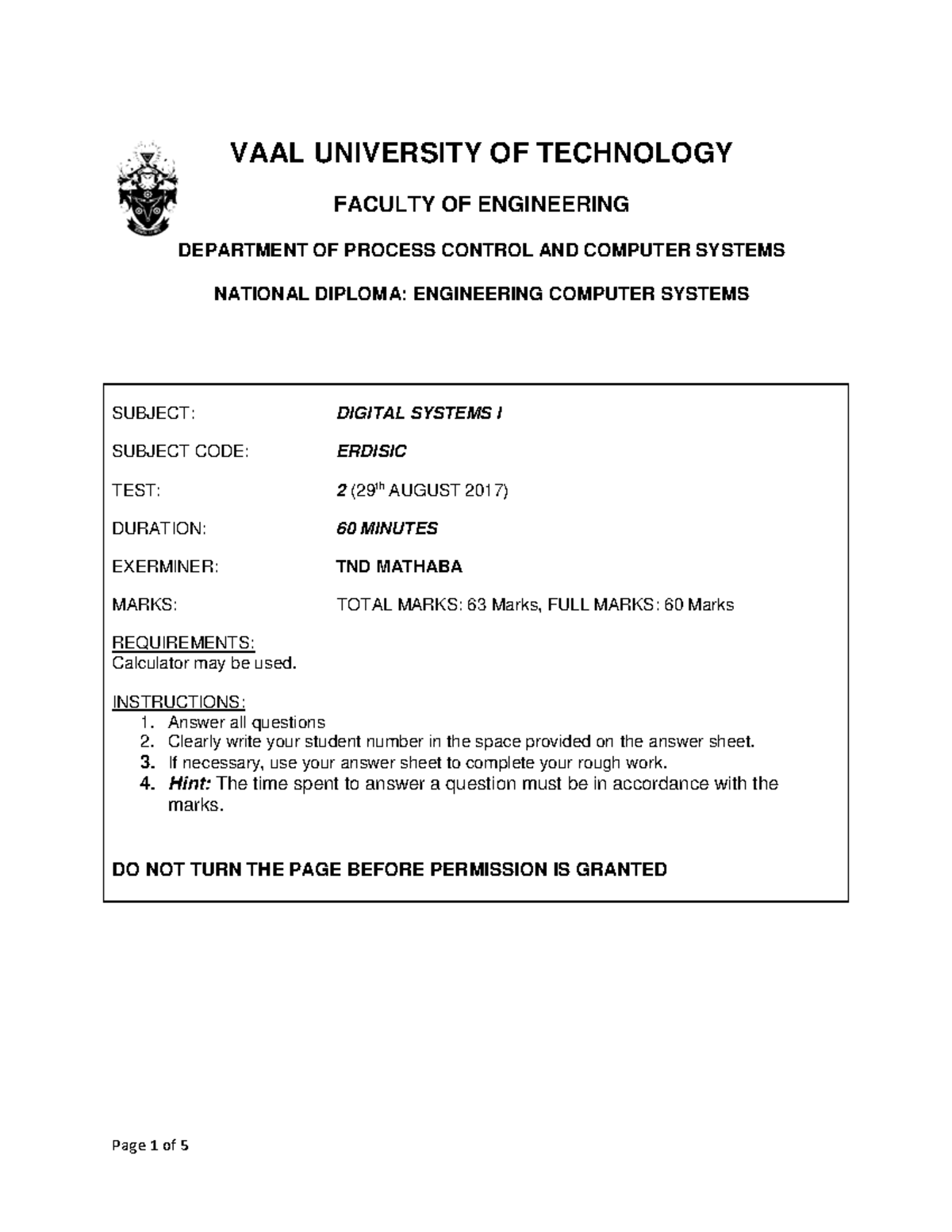 Digits 1 Test 2 S2 2017 v3 - SUBJECT: DIGITAL SYSTEMS I SUBJECT CODE ...
