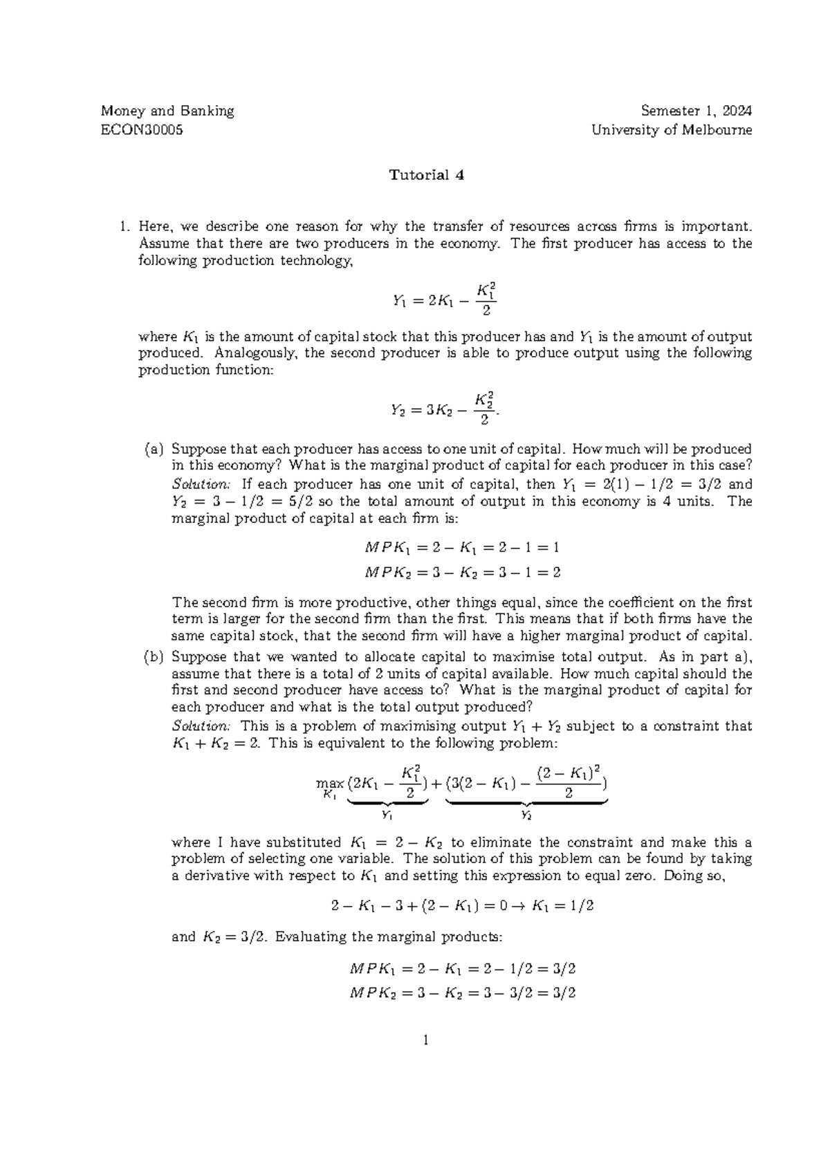 S4 30005 - tute - Money and Banking ECON Semester 1, 2024 University of ...