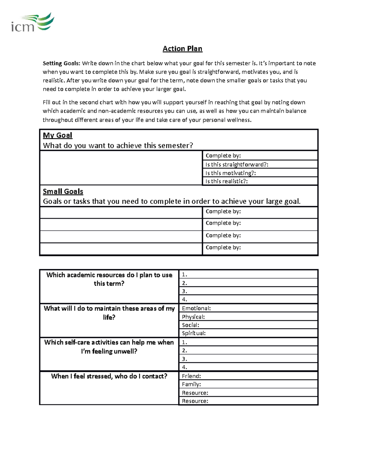 Action Plan Assignment-3 - Action Plan Setting Goals: Write down in the ...