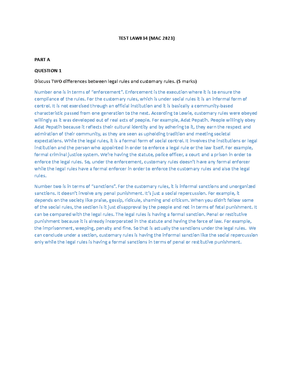 TEST LAW034 (exercise) - TEST LAW034 (MAC 2023) PART A QUESTION 1 ...