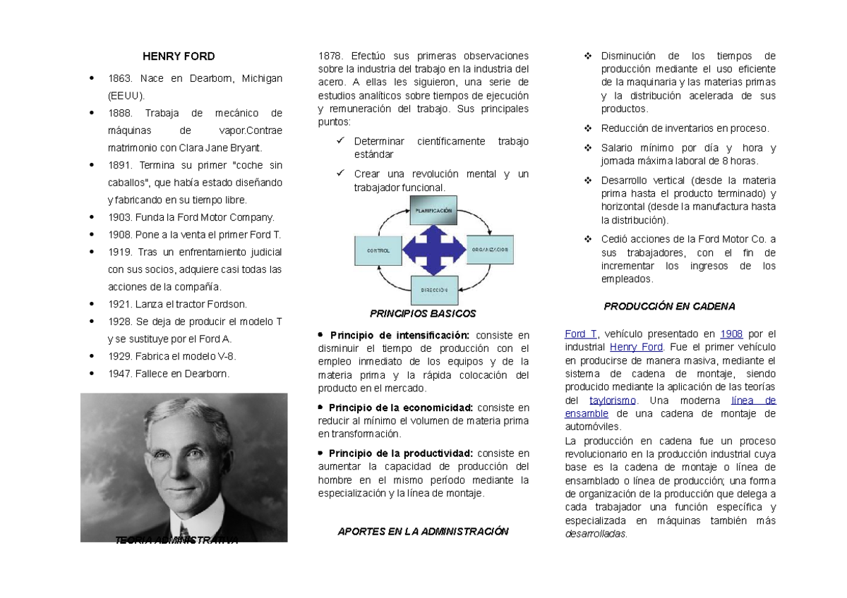 Triptico de Henry Ford su vida, teoria, aportes a la administracion ...