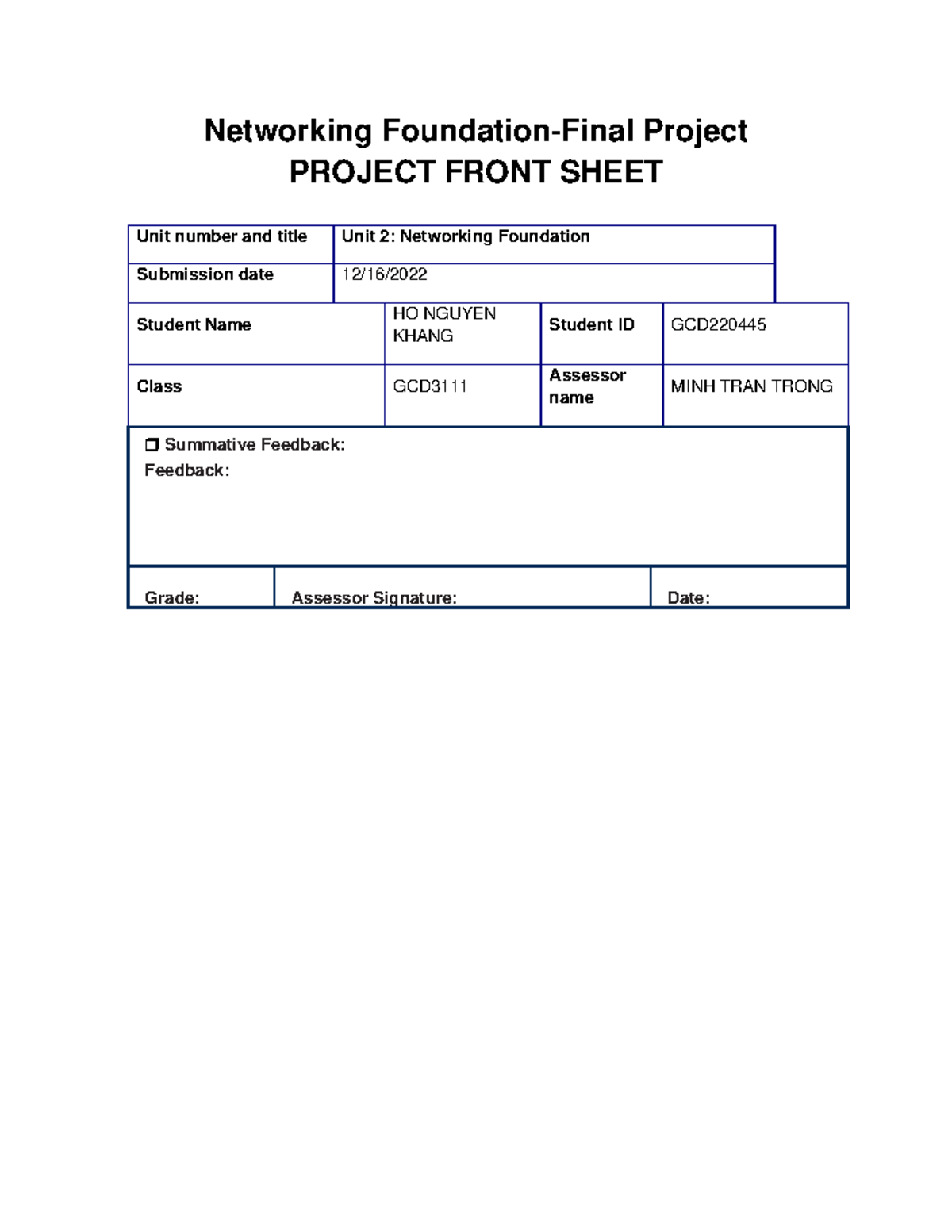 Project. pdf - Networking Foundation-Final Project PROJECT FRONT SHEET Unit number and title ...