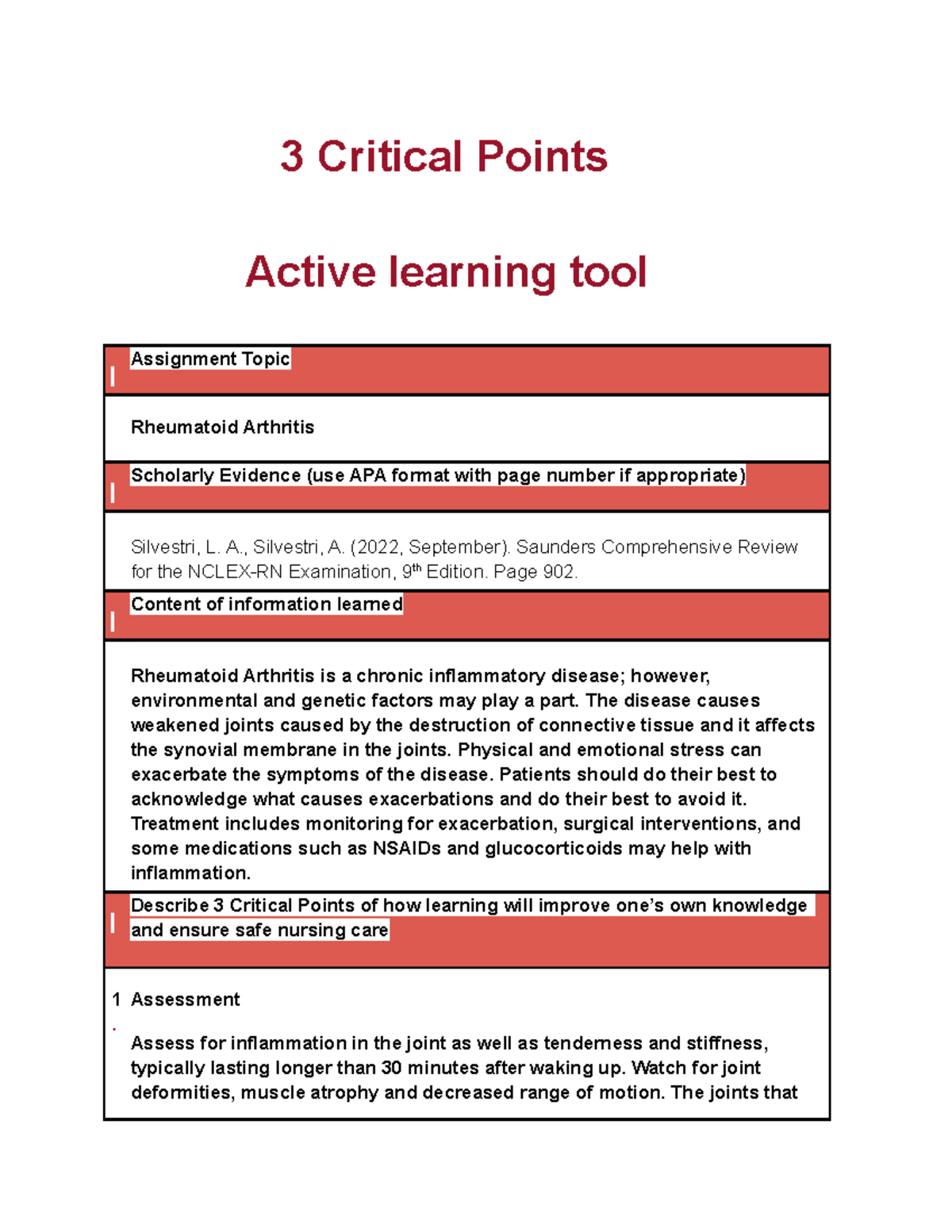 Rheumatoid arthritis - 3 Critical Points Active learning tool ...