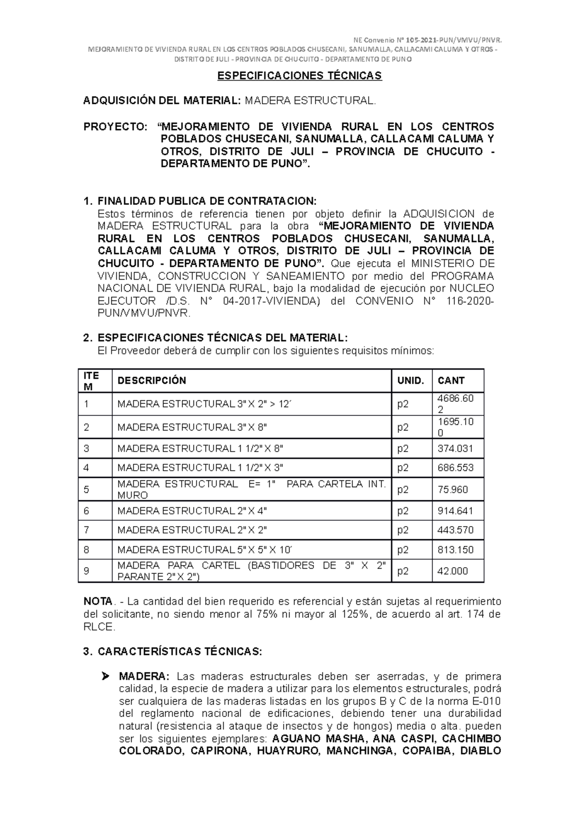 Especificaciones Técnicas Madera Estructural - MEJORAMIENTO DE VIVIENDA RURAL EN LOS CENTROS ...