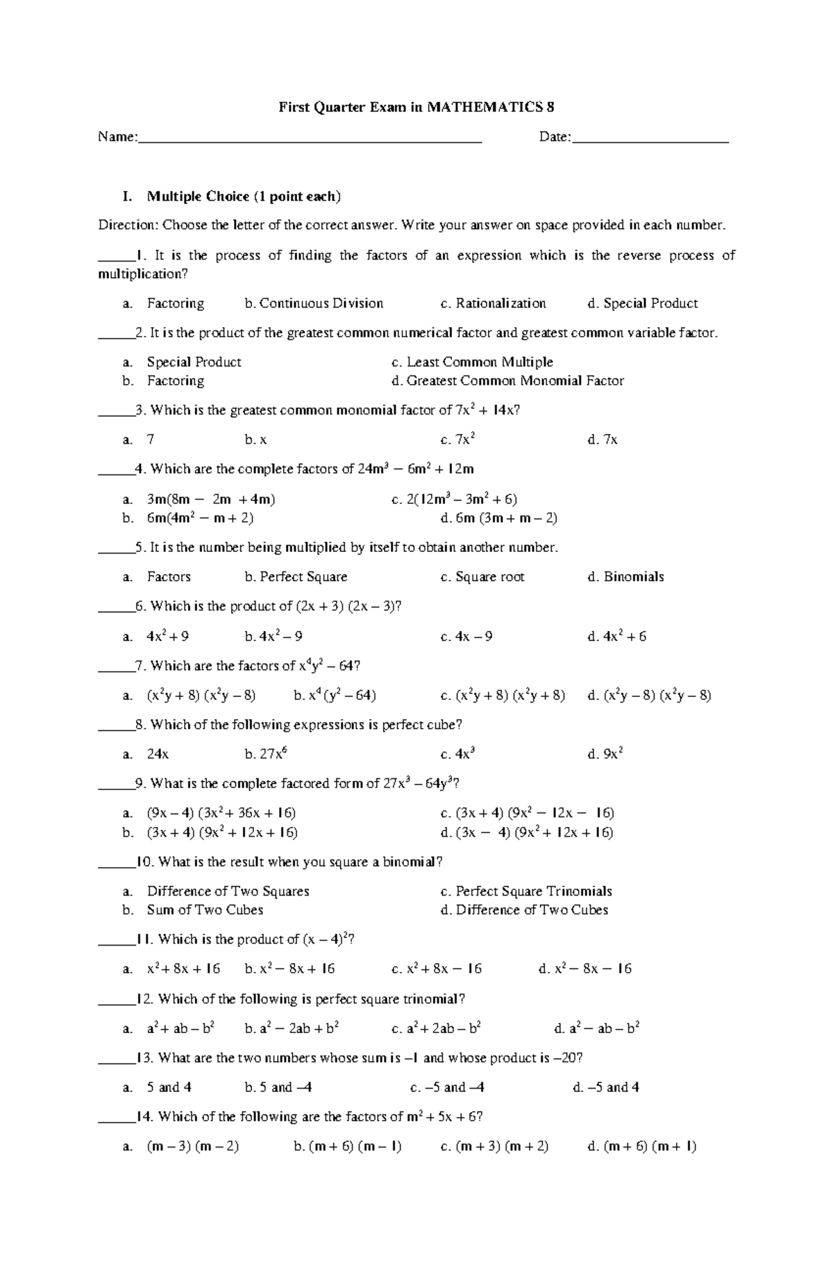 1st Quarter Examination - First Quarter Exam in MATHEMATICS 8 - Studocu