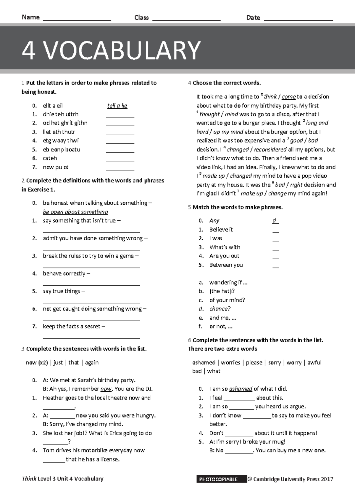 756421247 Think L3 Unit 4 Vocabulary - Name Class Date Think Level 3 ...