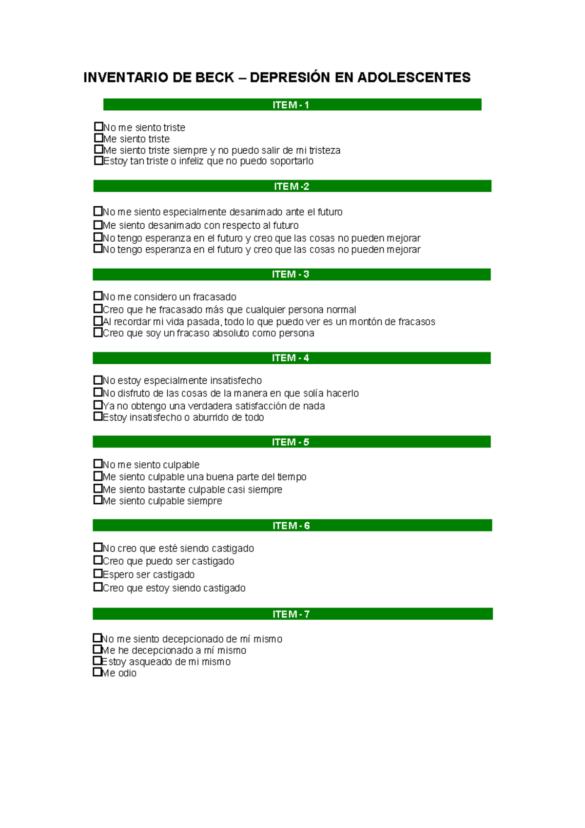 Beck Inventario de Depresion en Adolescentes - INVENTARIO DE BECK ...