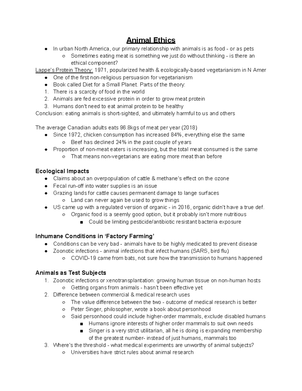 HS 2610 Animal Ethics Notes - Animal Ethics In urban North America, our ...